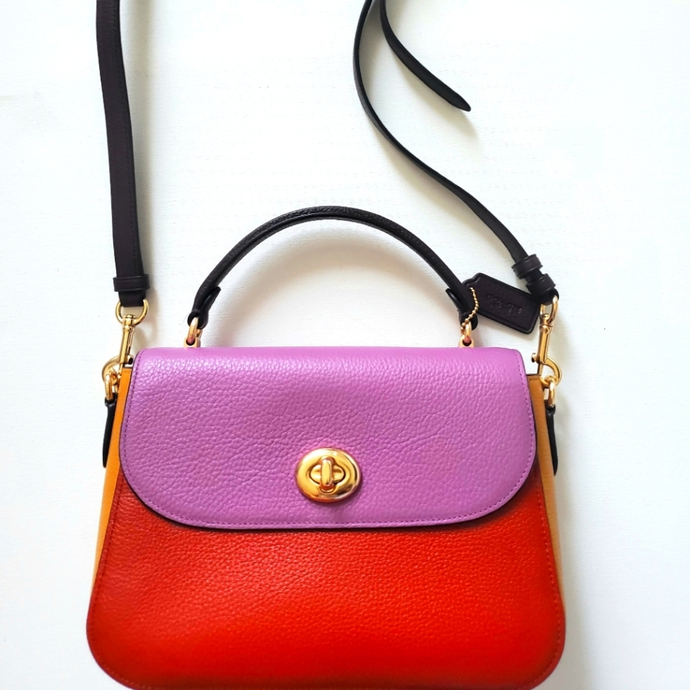 Coach Color Block Top Handle Pebble Leather Satche - Gem